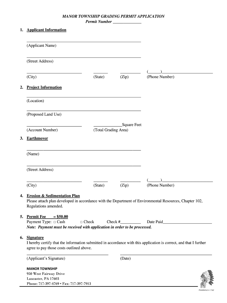Fillable Online manortownship MANOR TOWNSHIP GRADING PERMIT APPLICATION ...