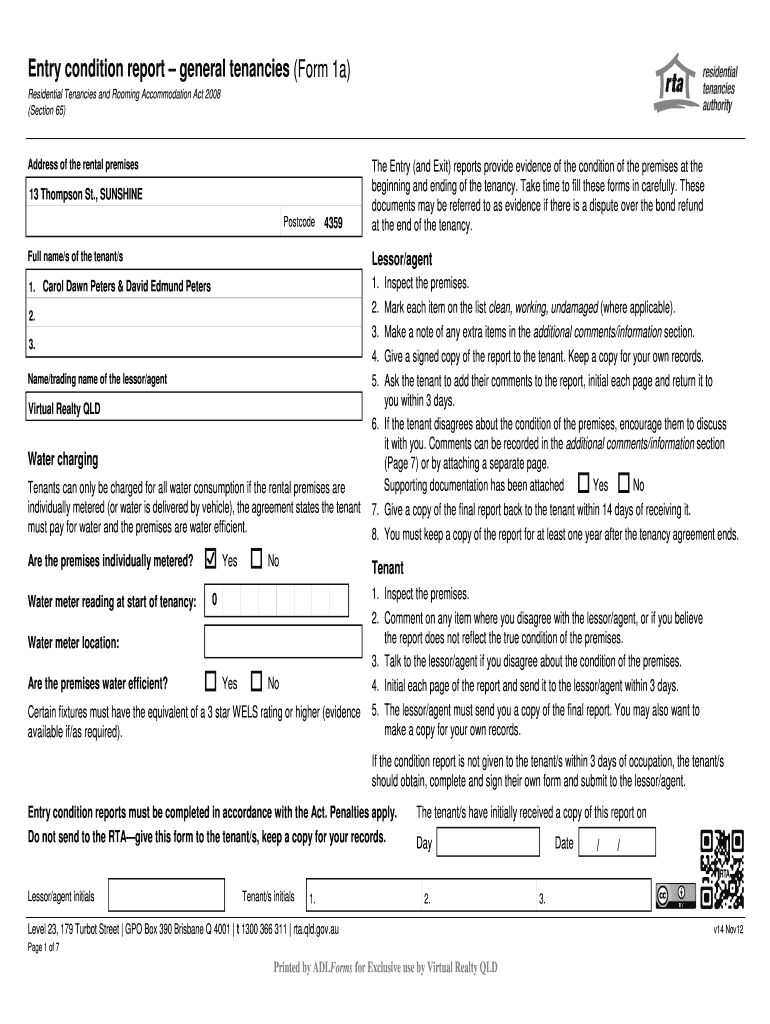 Fillable Online Entry condition report general tenancies (Form 1a ...