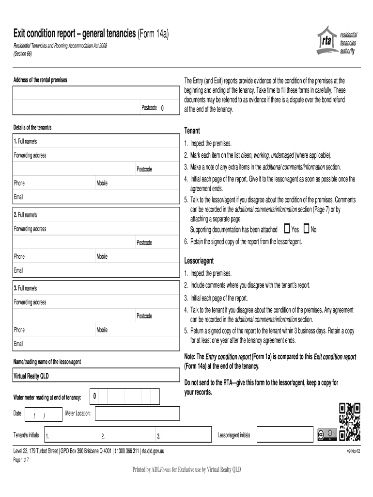 Fillable Online Exit condition report general tenancies (Form 14a ...