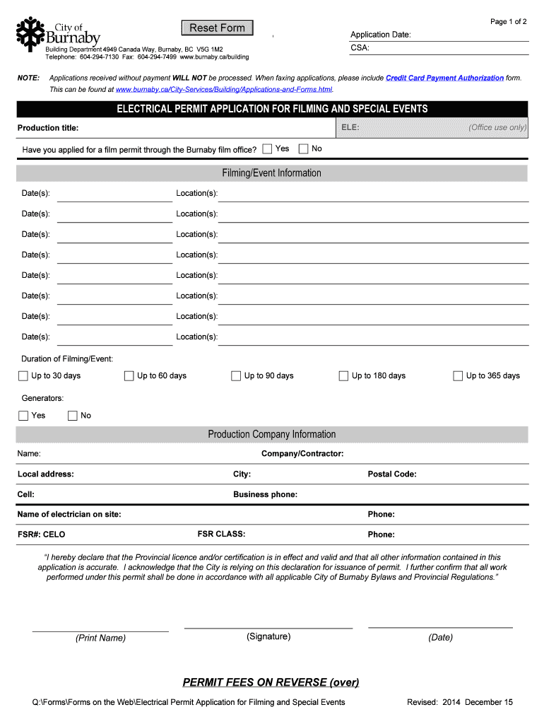 Fillable Online burnaby Electrical Permit Application - For Filming and ...