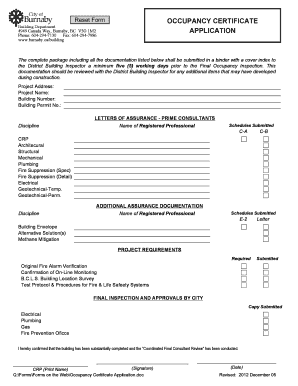 Fillable Online burnaby Occupancy Certificate Application Form - City ...