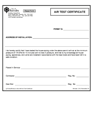 Fillable Online burnaby AIR TEST CERTIFICATE Fax Email Print - pdfFiller