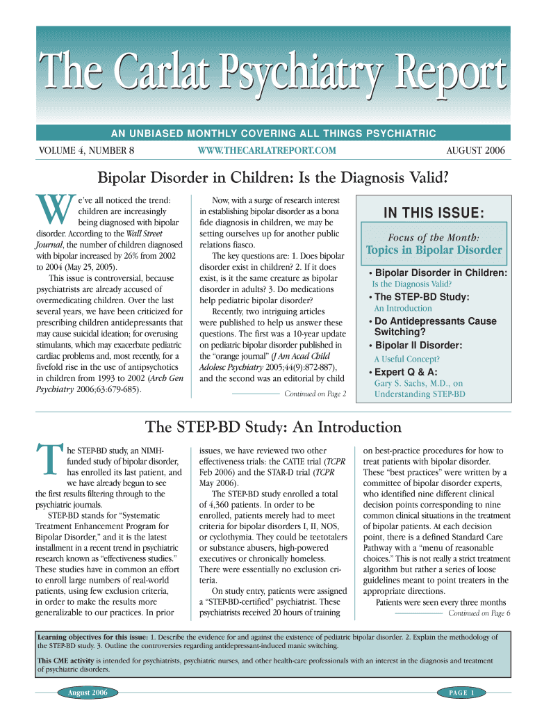 Fillable Online Bipolar II Disorder - The Carlat Psychiatry Report Fax ...
