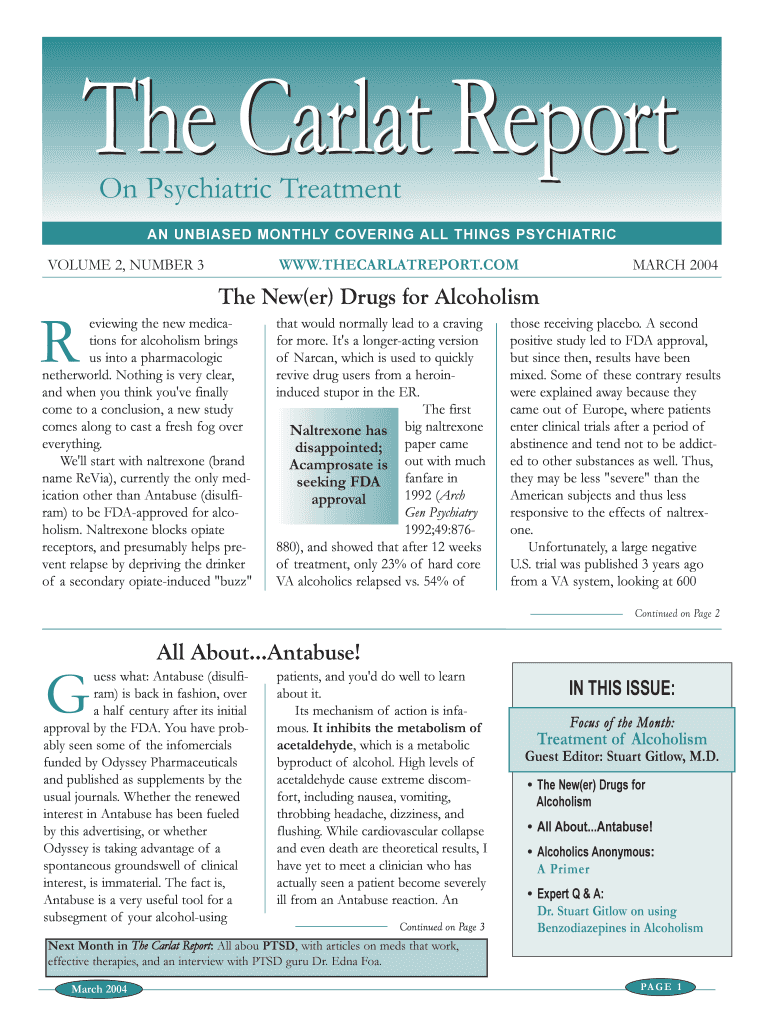 Fillable Online Treatment of Alcoholism - The Carlat Psychiatry Report ...