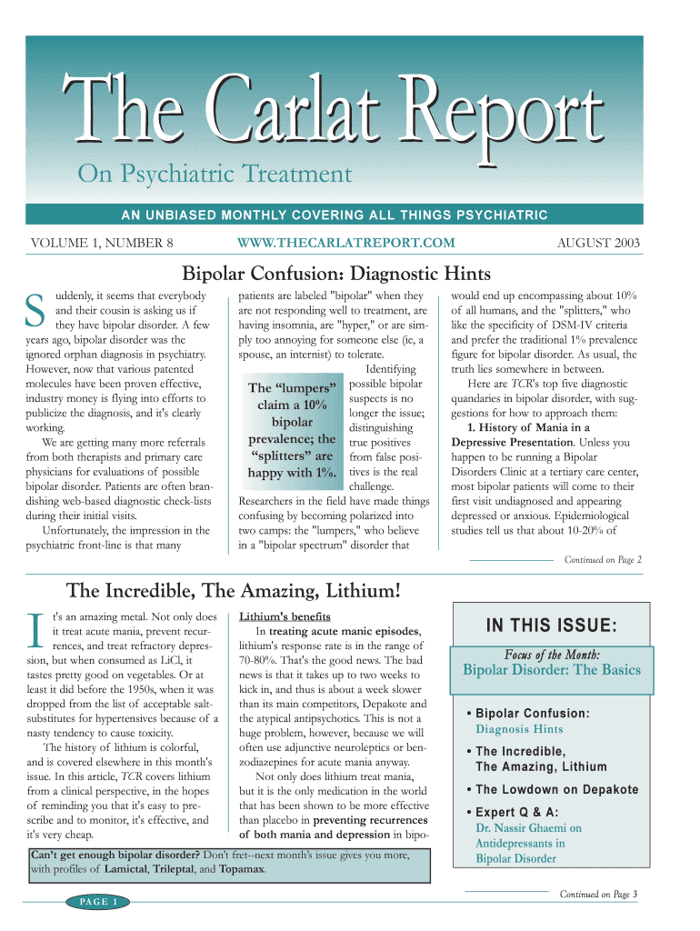 Fillable Online Bipolar Disorder The Basics - The Carlat Psychiatry ...