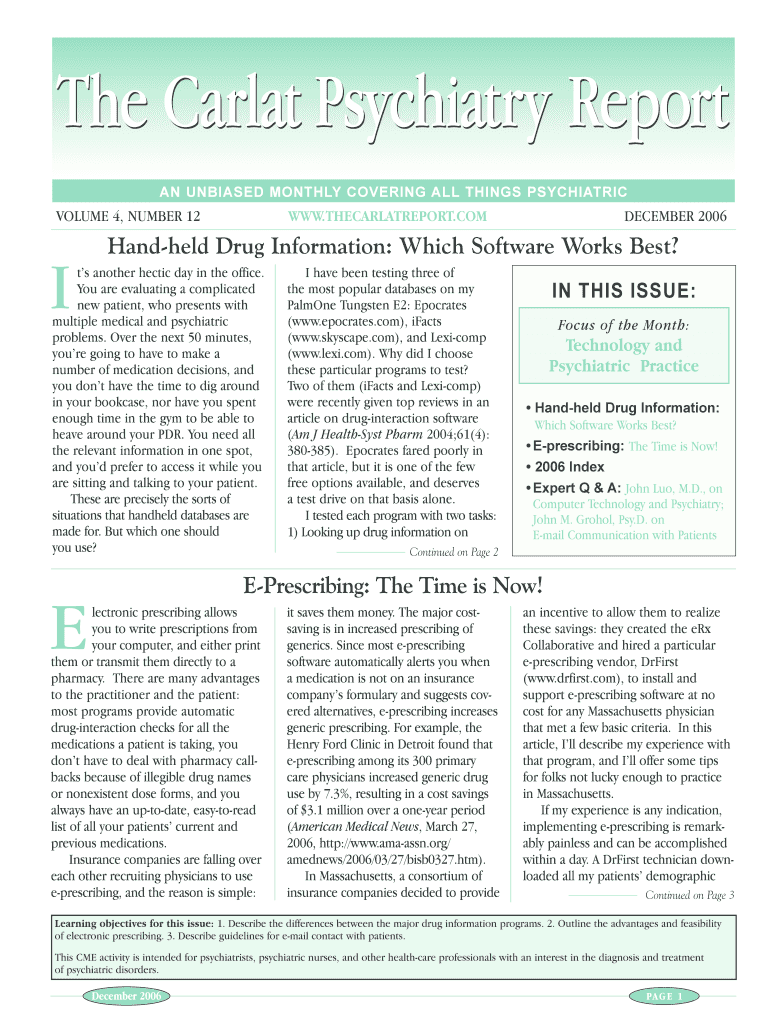 Fillable Online E-Prescribing - The Carlat Psychiatry Report Fax Email ...