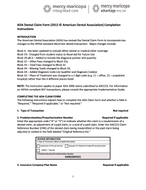 Fillable Online ADA Dental Claim Form (2012 American Dental Association ...