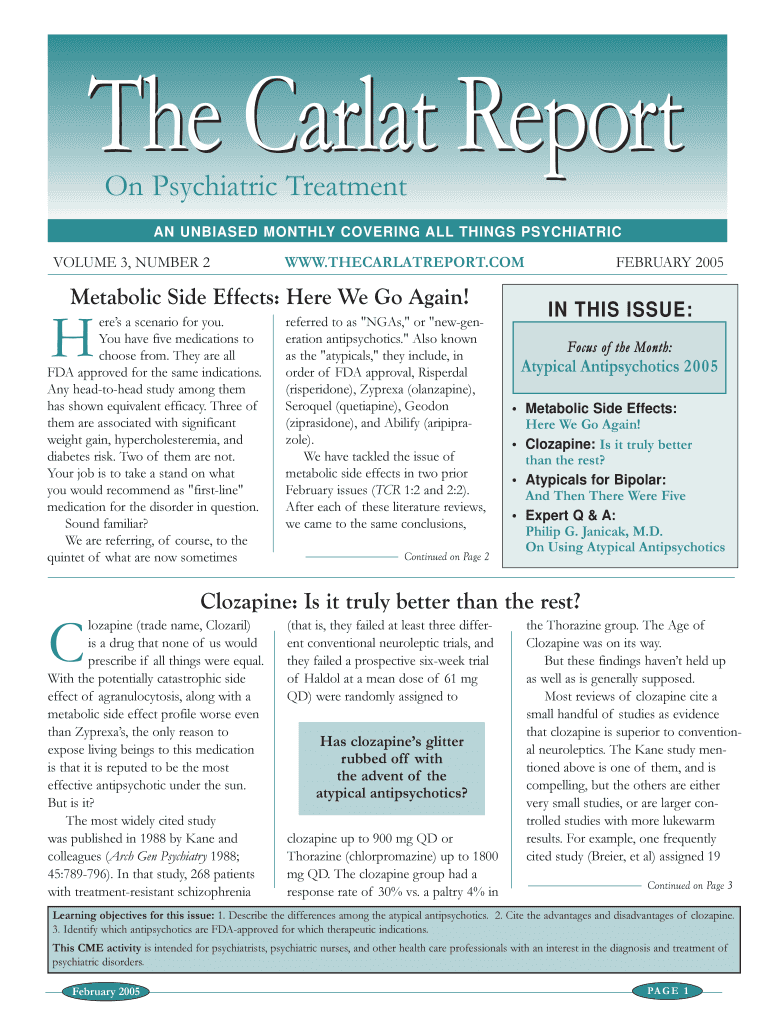 Fillable Online Atypical Antipsychotics - 2005 - The Carlat Psychiatry ...