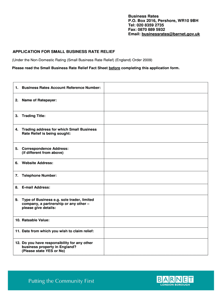 Fillable Online barnet gov Small Business Rate Relief Form - barnet gov ...