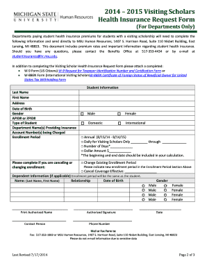 Fillable Online hr msu 2014 2015 Visiting Scholars Health Insurance Request Form Fax Email Print ...