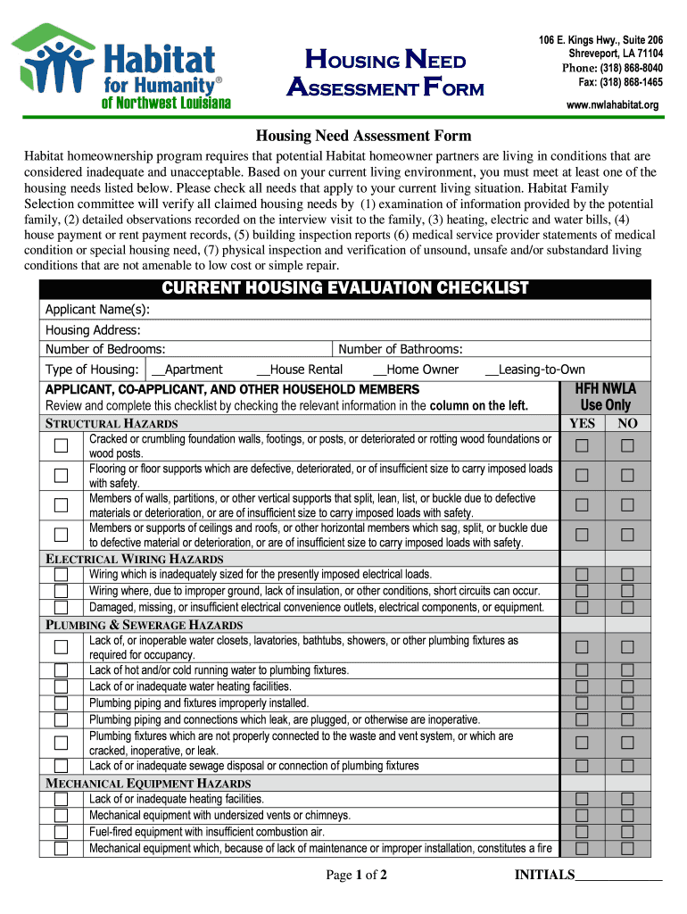 Fillable Online CURRENT HOUSING EVALUATION CHECKLIST Fax Email Print ...