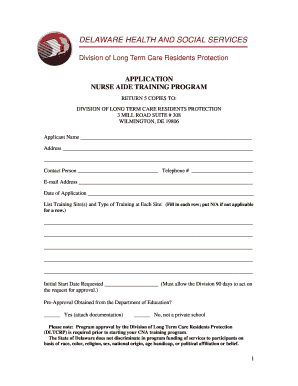 Fillable Online dhss delaware Nurse Aide Training Program Application ...
