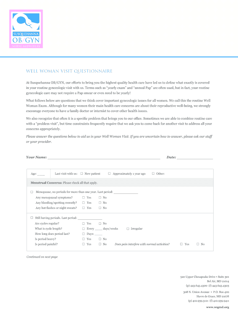 Fillable Online sogmd Well woman visit questionnaire - Susquehanna ...