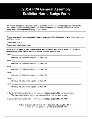 Fillable Online pcaac 2014 PCA General Assembly Exhibitor Name Badge ...