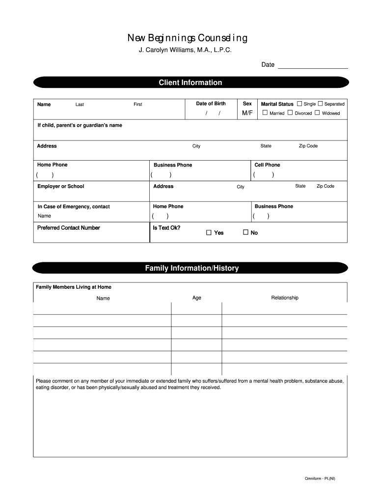 Fillable Online Patient Intake Forms - New Beginnings Counseling Fax ...