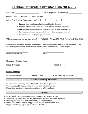 Fillable Online Carleton University Badminton Club Registration Form ...