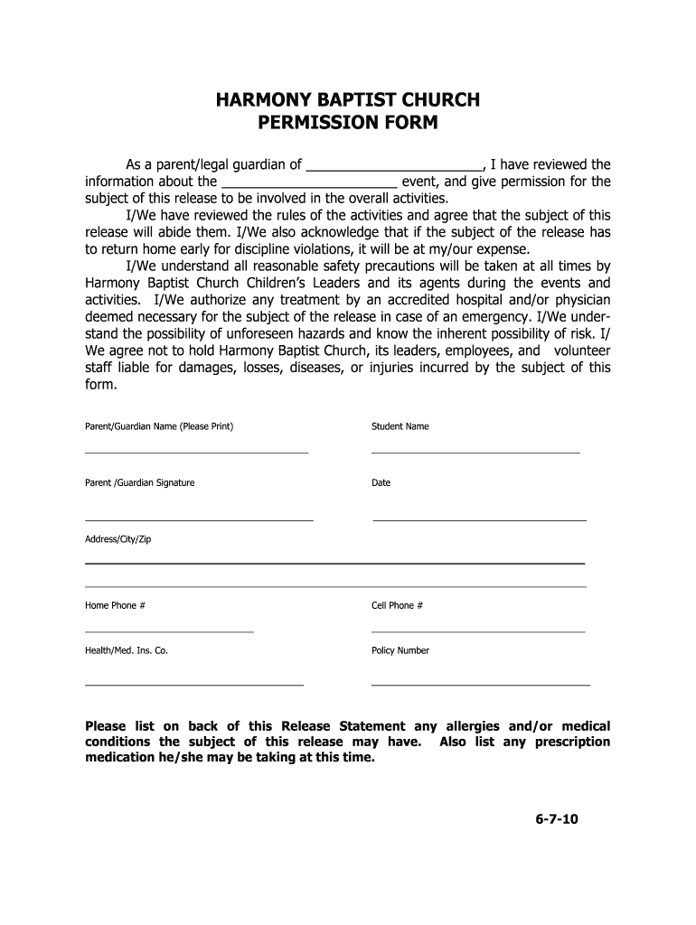 Fillable Online harmonybaptist HARMONY BAPTIST CHURCH PERMISSION FORM ...