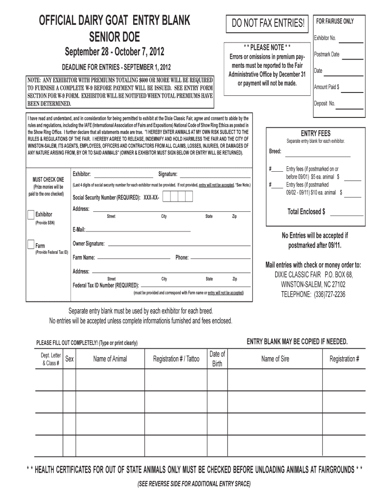 Fillable Online Official dairy goat entry blank senior doe - Dixie ...