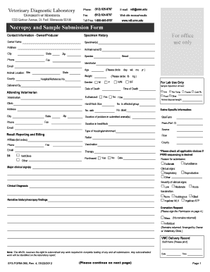 Fillable Online vdl umn UM-VDL Necropsy and Sample Submission Form Fax ...