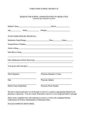 Fillable Online REQUEST FOR SCHOOL ADMINISTRATION OF MEDICATION Fax ...