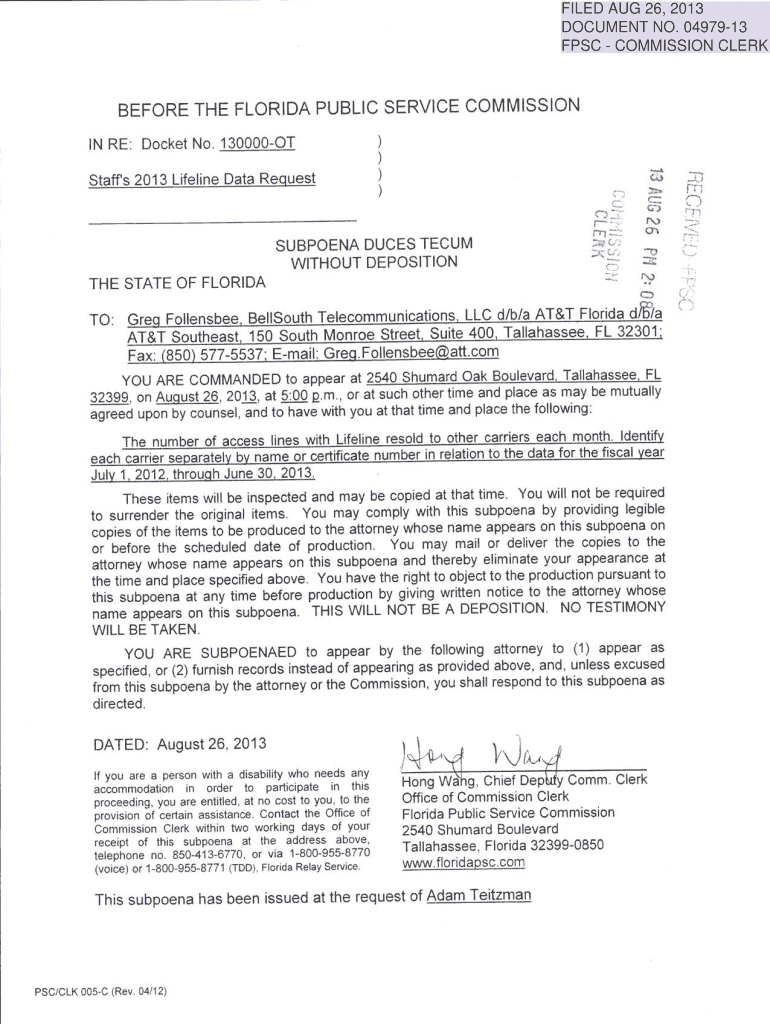 Fillable Online psc state fl 0497913 FPSC COMMISSION CLERK BEFORE THE ...