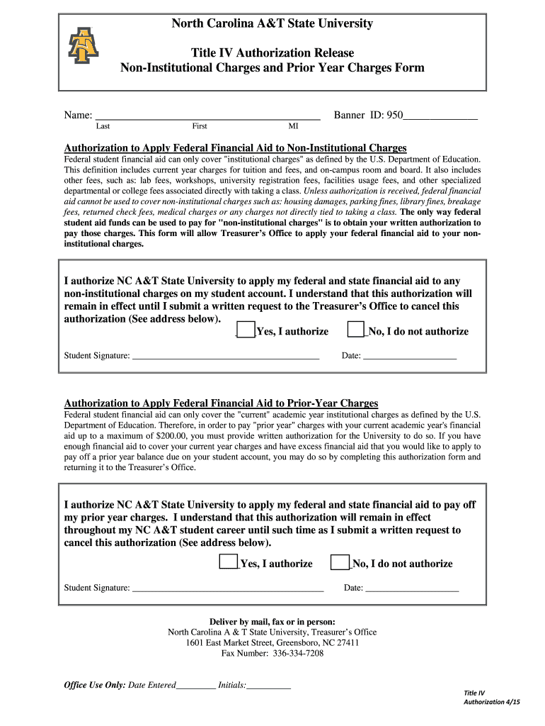 Fillable Online ncat Title IV Authorization Form - North Carolina ...