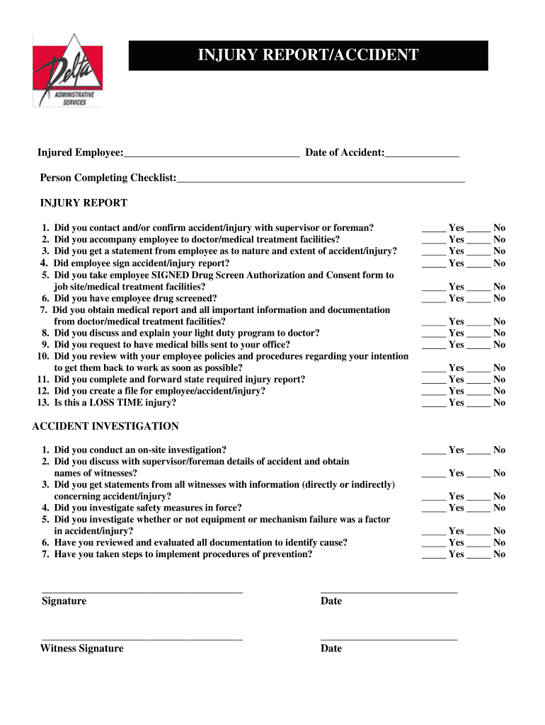 Fillable Online INJURY REPORTACCIDENT INVESTIGATION CHECKLIST Fax Email ...