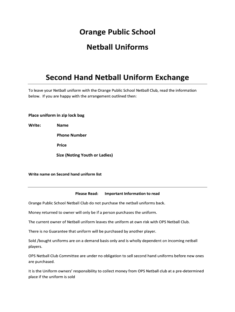 Fillable Online orange-p schools nsw edu Orange Public School Netball Uniforms Second Hand ...