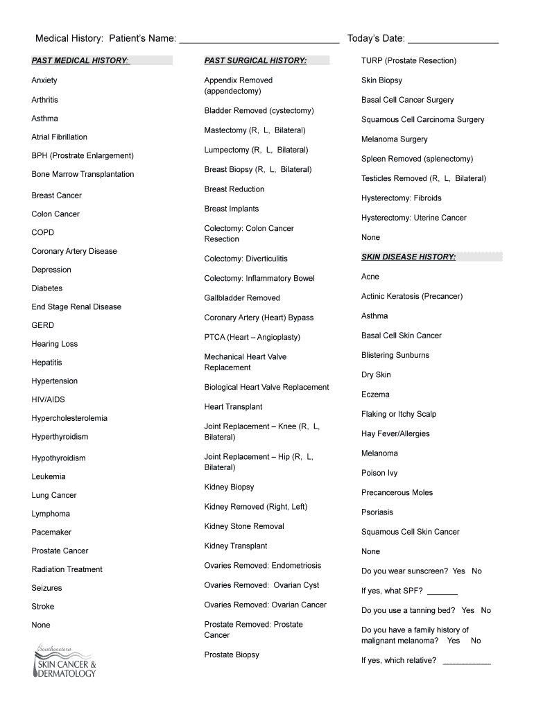 Fillable Online Medical History Patients Name Todays Date Fax Email ...