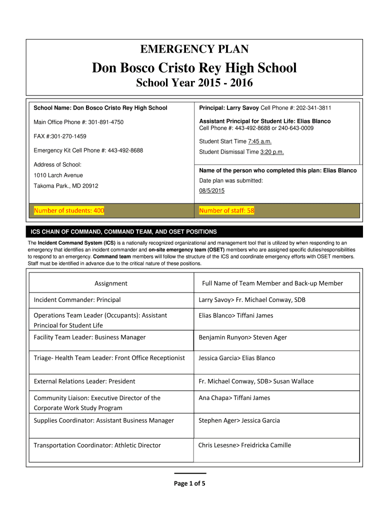 Fillable Online dbcr EMERGENCY PLAN Don Bosco Cristo Rey High School ...