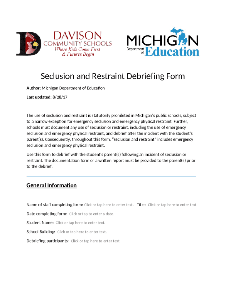Seclusion and Restraint Debriefing Doc Template | pdfFiller
