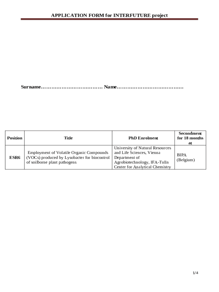 APPLICATION for INTERFUTURE project Doc Template | pdfFiller