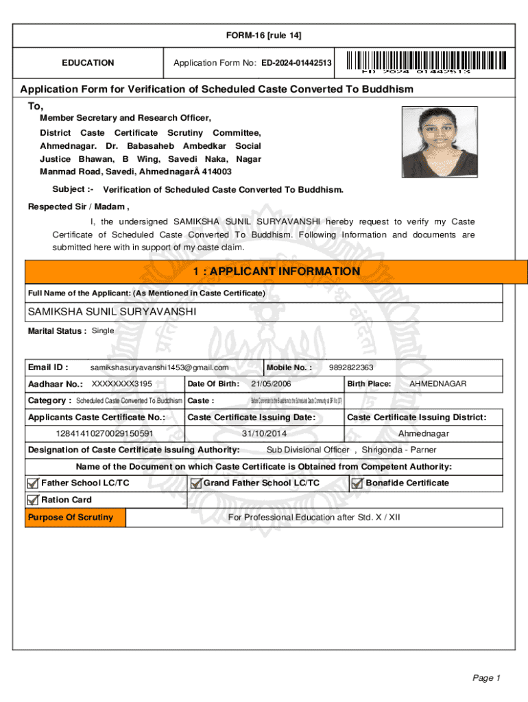 Fillable Online Application Form for Verification of Scheduled Caste ...