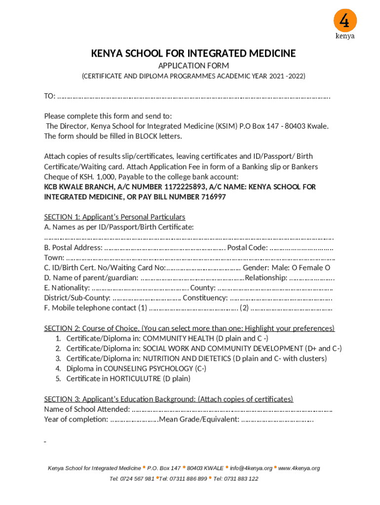 Kenya School for Integrated Medicine Application Doc Template | pdfFiller