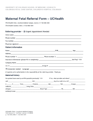 Fillable Online Maternal Fetal Referral Form - Uchealth Colorado 2019 ...