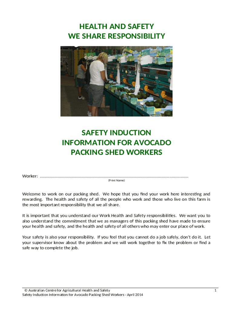 Safety Induction Ination for Avocado Packing Shed Workers Doc Template | pdfFiller