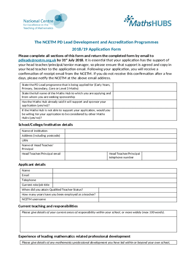 Ncetm Pd Lead Development and Accreditation Programmes 2018/19 Application Doc Template | pdfFiller