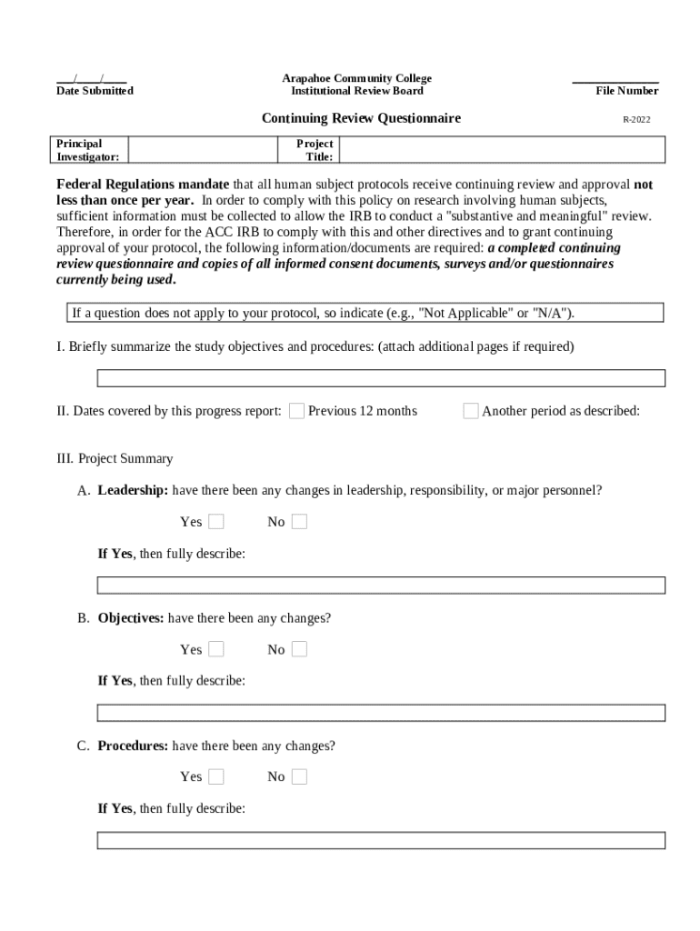Continuing Review Questionnaire Doc Template | pdfFiller