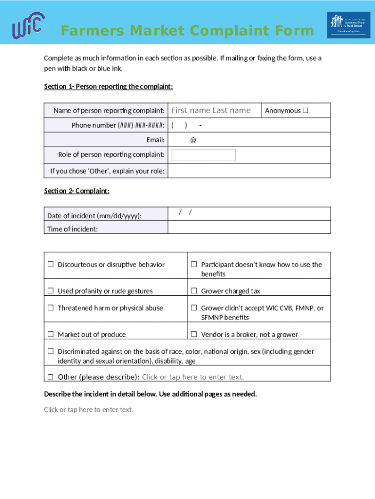 Farmers Market Complaint ( ... - doh wa Doc Template | pdfFiller