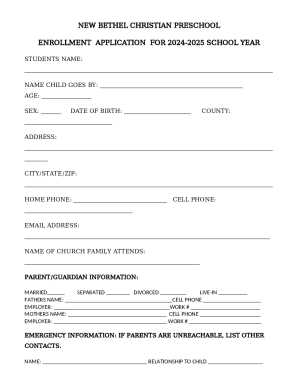 Enrollment Application for New Bethel Christian Preschool Doc Template | pdfFiller
