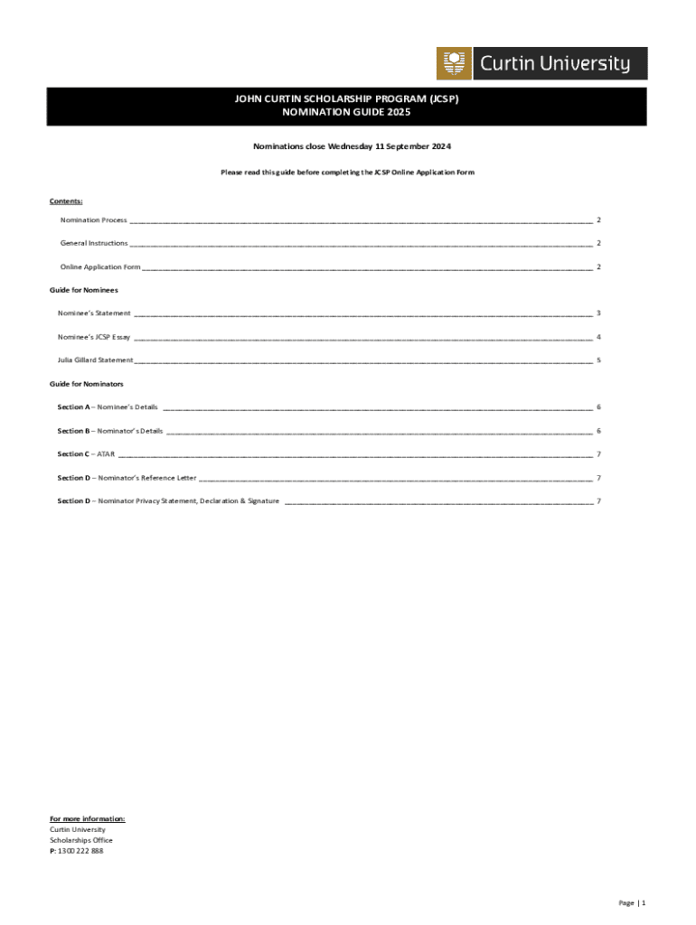 Fillable Online 2025 john curtin scholarship program (jcsp) nominator ...