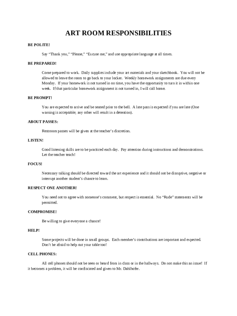 Art Room Responsibilities Doc Template | pdfFiller