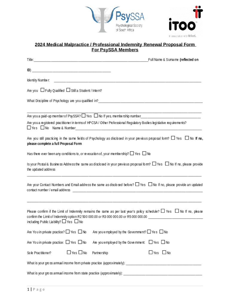 2024 Medical Malpractice / Professional Indemnity Renewal Proposal Doc ...