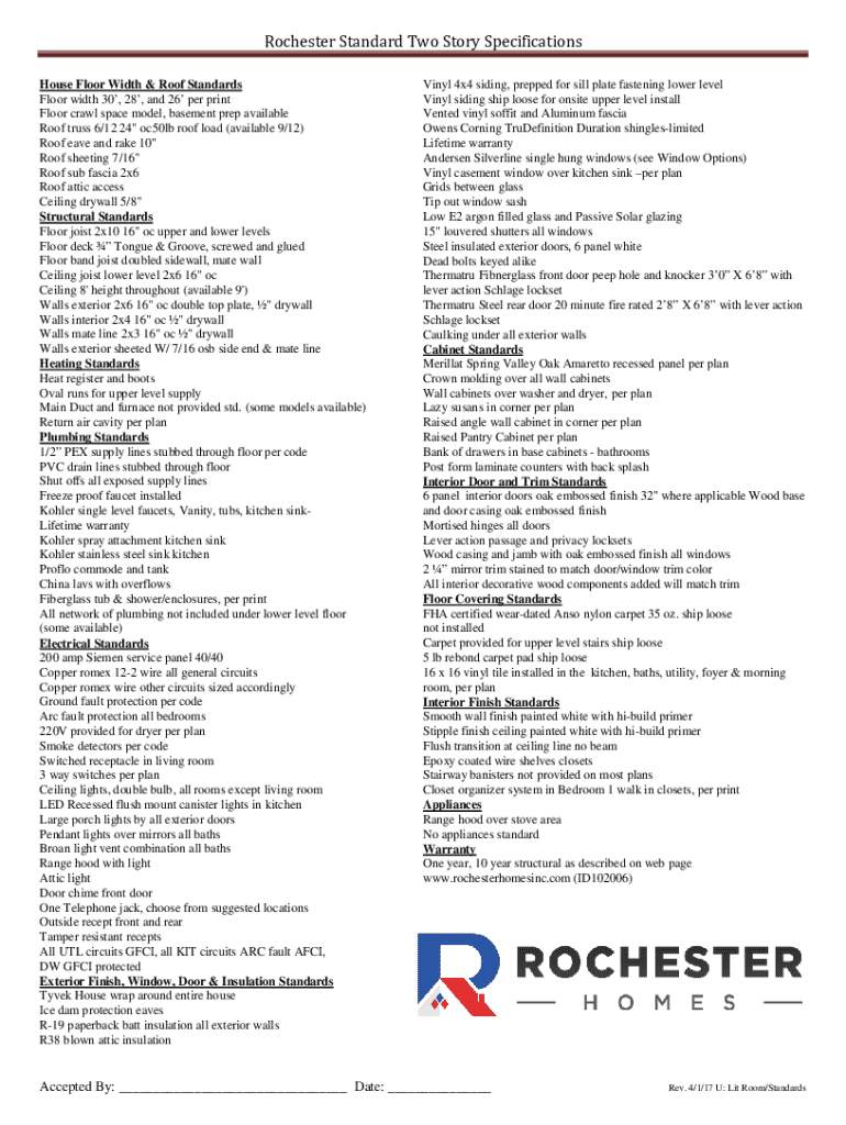 Fillable Online 2023 Rochester Standard Two Story Home Specifications ...