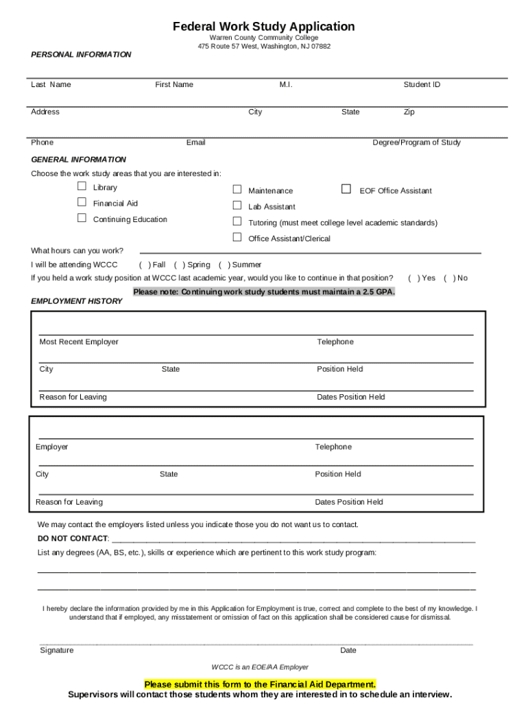 Federal Work Study Application Doc Template | pdfFiller