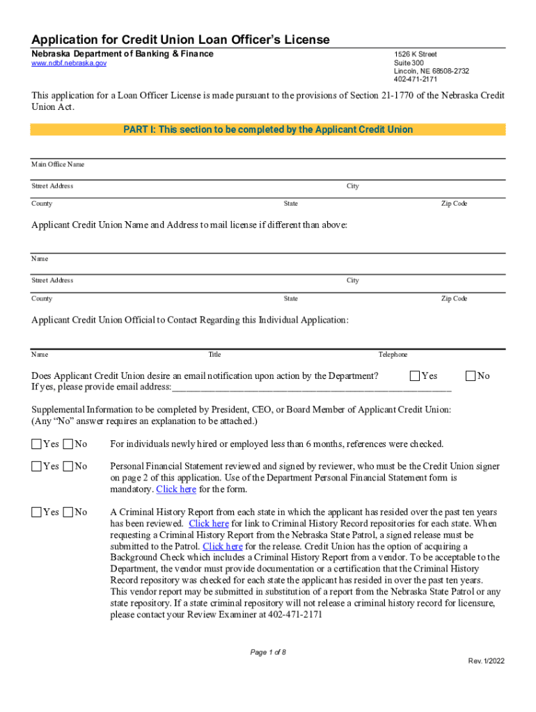 Fillable Online Application for Credit Union Loan Officer\'s License ...