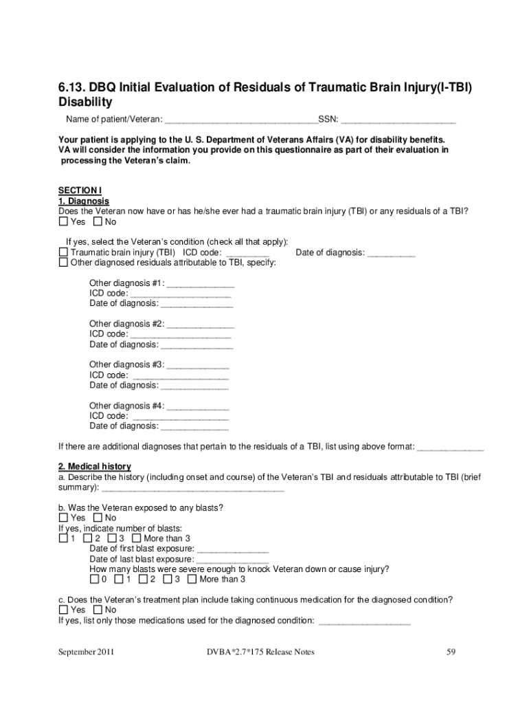 Fillable Online Dbq Evaluation of Traumatic Brain Injury Residuals ...