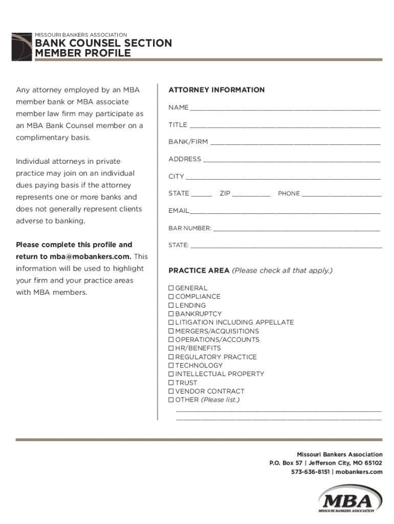 Fillable Online Missouri Bankers Association Bank Counsel Member ...