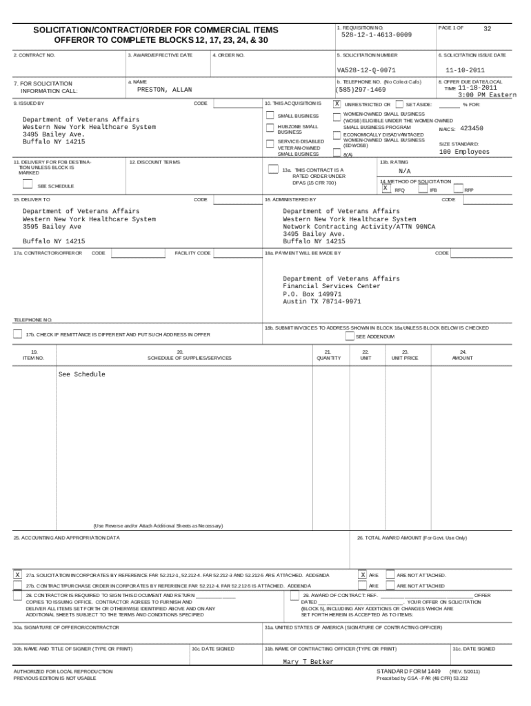 Sf 1449 Solicitation/contract/order for Commercial Items Doc Template ...