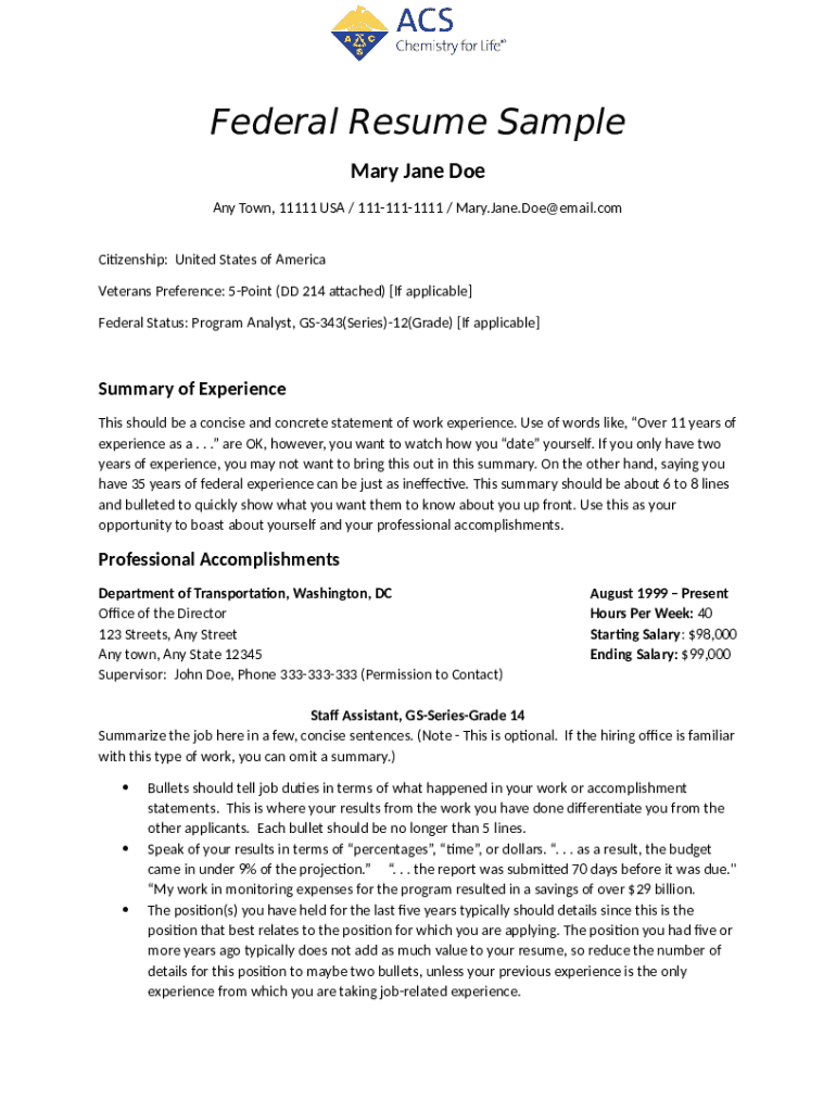 Federal Resume Sample Doc Template | pdfFiller